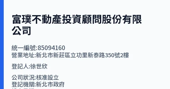 富璞不動產投資顧問股份有限公司的照片-統編 85094160(新北市) 公司登記資料與營業項目詳細圖表