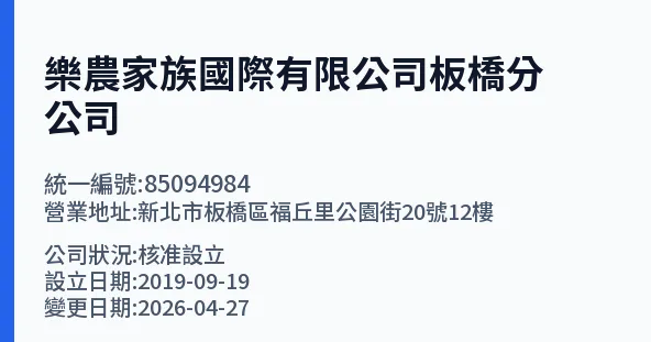 樂農家族國際有限公司板橋分公司的照片-統編 85094984(新北市) 公司登記資料與營業項目詳細圖表