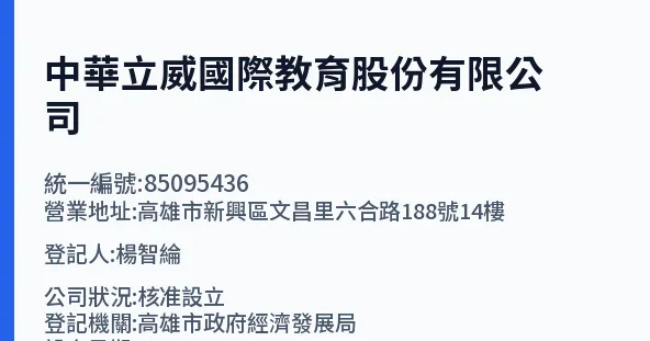 中華立威國際教育股份有限公司的照片-統編 85095436(高雄市) 公司登記資料與營業項目詳細圖表