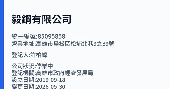 毅鋼有限公司的照片-統編 85095858(高雄市) 公司登記資料與營業項目詳細圖表