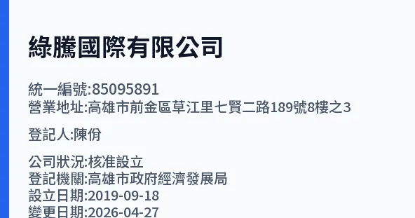 綠騰國際有限公司的照片-統編 85095891(高雄市) 公司登記資料與營業項目詳細圖表