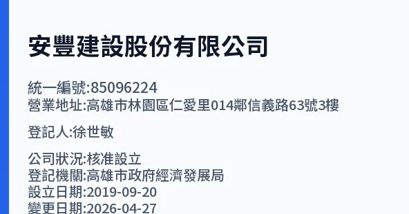 安豐建設股份有限公司的照片-統編 85096224(高雄市) 公司登記資料與營業項目詳細圖表
