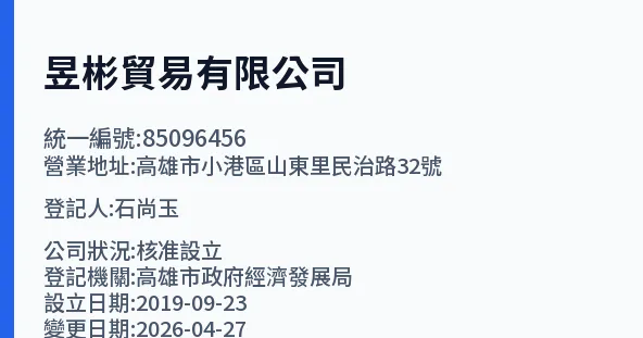 昱彬貿易有限公司的照片-統編 85096456(高雄市) 公司登記資料與營業項目詳細圖表