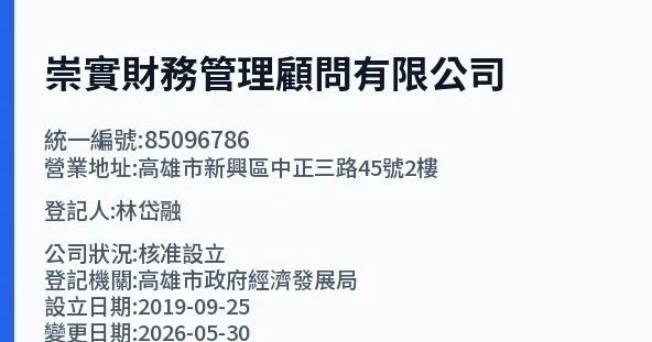 崇實財務管理顧問有限公司的照片-統編 85096786(高雄市) 公司登記資料與營業項目詳細圖表