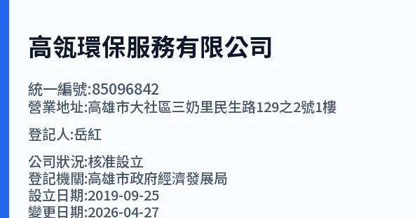 高瓴環保服務有限公司的照片-統編 85096842(高雄市) 公司登記資料與營業項目詳細圖表