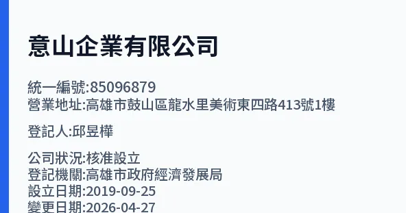 意山企業有限公司的照片-統編 85096879(高雄市) 公司登記資料與營業項目詳細圖表