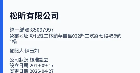松昕有限公司的照片-統編 85097997(彰化縣) 公司登記資料與營業項目詳細圖表