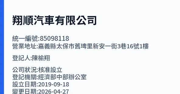 翔順汽車有限公司的照片-統編 85098118(嘉義縣) 公司登記資料與營業項目詳細圖表