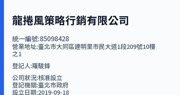 龍捲風策略行銷有限公司的照片-統編 85098428(臺北市) 公司登記資料與營業項目詳細圖表