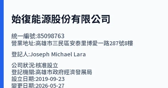 始復能源股份有限公司的照片-統編 85098763(高雄市) 公司登記資料與營業項目詳細圖表