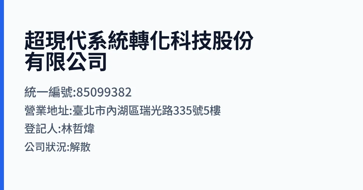 超現代系統轉化科技股份有限公司 - 統編 85099382(臺北市) 公司登記資料與營業項目詳細圖表