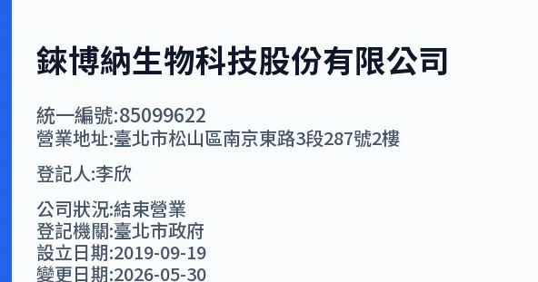 錸博納生物科技股份有限公司的照片-統編 85099622(臺北市) 公司登記資料與營業項目詳細圖表