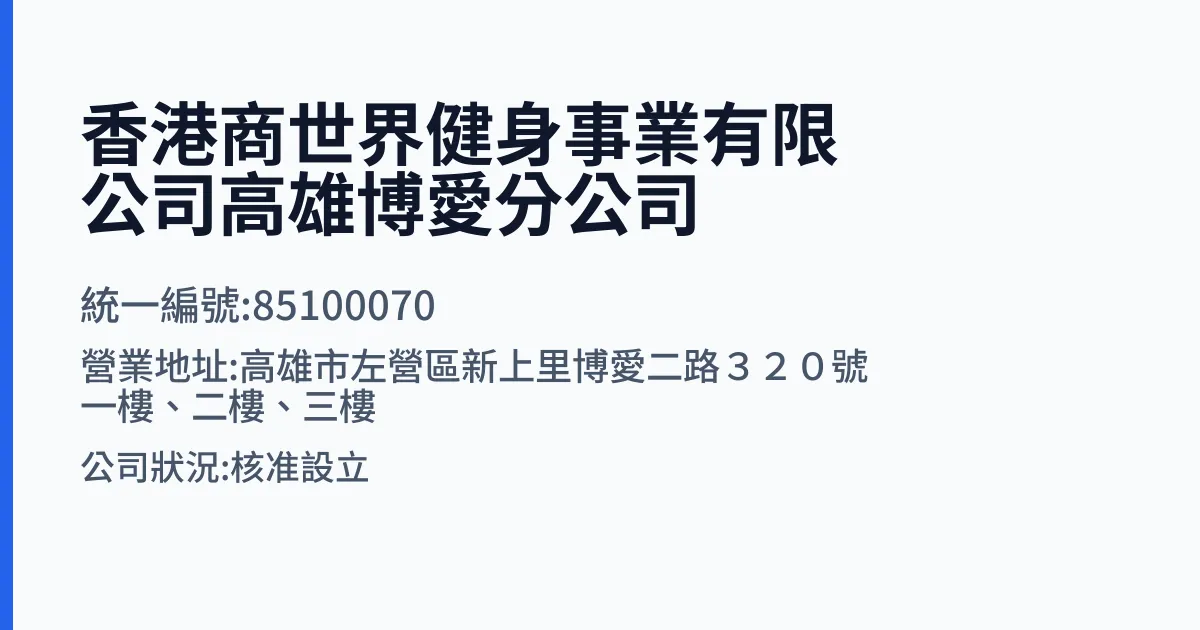 香港商世界健身事業有限公司高雄博愛分公司 - 統編 85100070(高雄市) 公司登記資料與營業項目詳細圖表