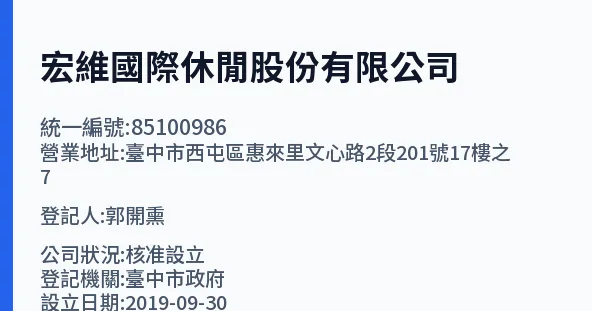 宏維國際休閒股份有限公司的照片-統編 85100986(臺中市) 公司登記資料與營業項目詳細圖表