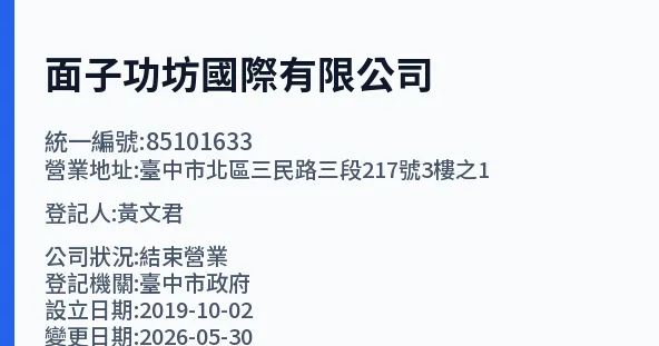 面子功坊國際有限公司的照片-統編 85101633(臺中市) 公司登記資料與營業項目詳細圖表