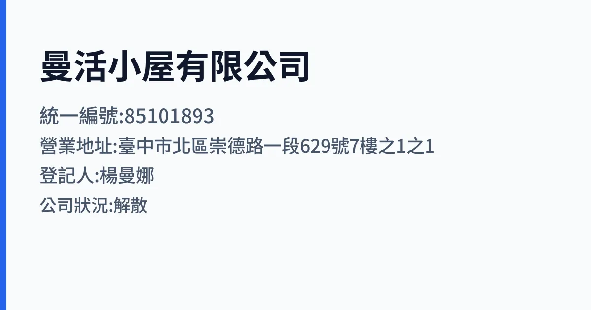 曼活小屋有限公司 - 統編 85101893(臺中市) 公司登記資料與營業項目詳細圖表