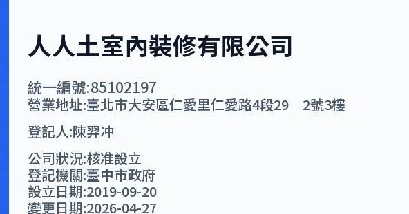 人人土室內裝修有限公司的照片-統編 85102197(臺北市) 公司登記資料與營業項目詳細圖表