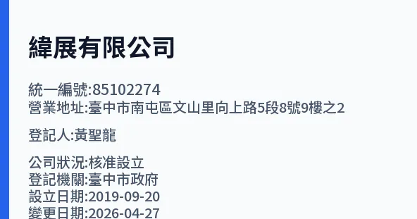 緯展有限公司的照片-統編 85102274(臺中市) 公司登記資料與營業項目詳細圖表