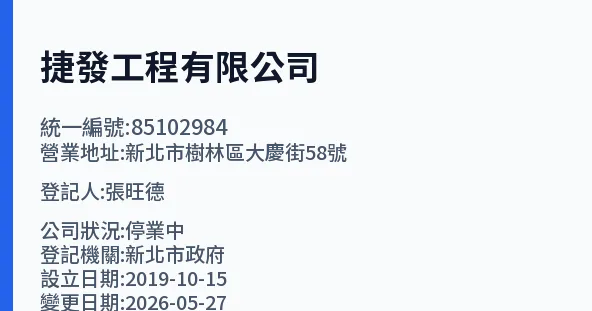 捷發工程有限公司的照片-統編 85102984(新北市) 公司登記資料與營業項目詳細圖表