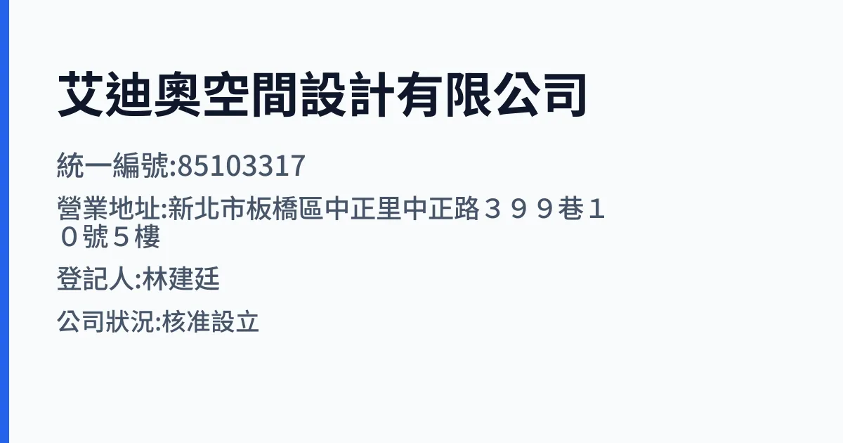 艾迪奧空間設計有限公司 - 統編 85103317(新北市) 公司登記資料與營業項目詳細圖表