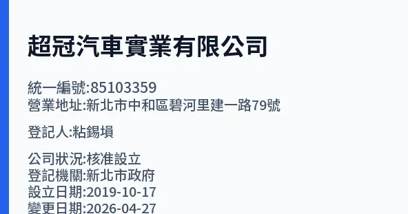超冠汽車實業有限公司的照片-統編 85103359(新北市) 公司登記資料與營業項目詳細圖表