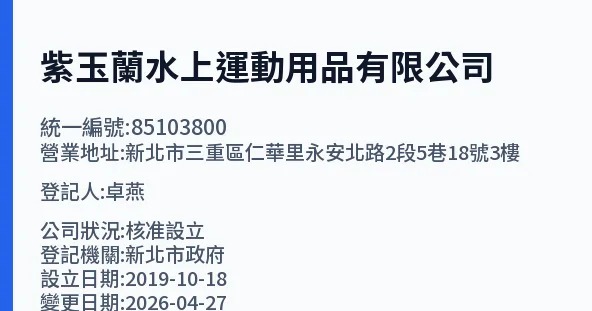 紫玉蘭水上運動用品有限公司的照片-統編 85103800(新北市) 公司登記資料與營業項目詳細圖表