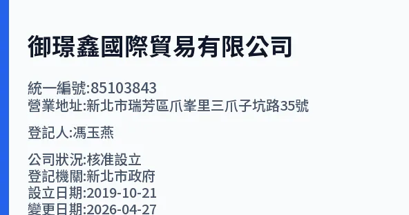 御璟鑫國際貿易有限公司的照片-統編 85103843(新北市) 公司登記資料與營業項目詳細圖表
