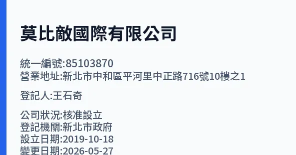 莫比敵國際有限公司的照片-統編 85103870(新北市) 公司登記資料與營業項目詳細圖表