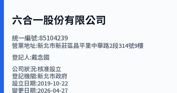 六合一股份有限公司的照片-統編 85104239(新北市) 公司登記資料與營業項目詳細圖表
