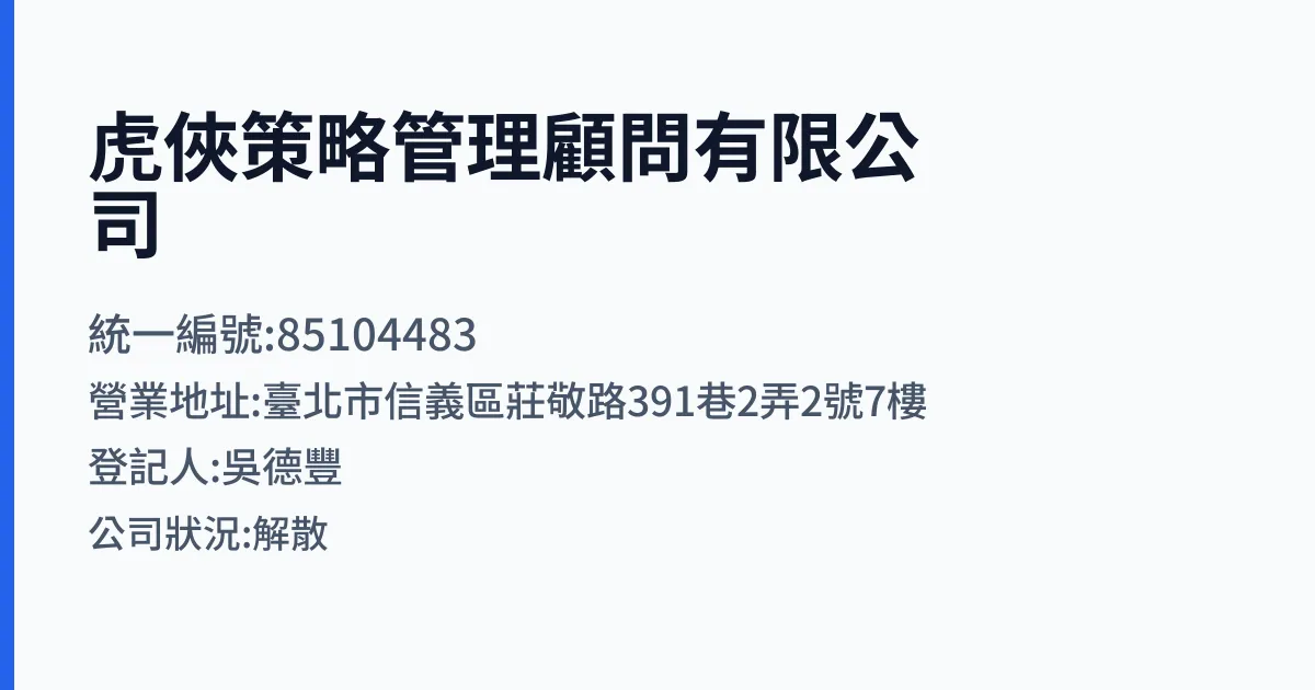 虎俠策略管理顧問有限公司 - 統編 85104483(臺北市) 公司登記資料與營業項目詳細圖表