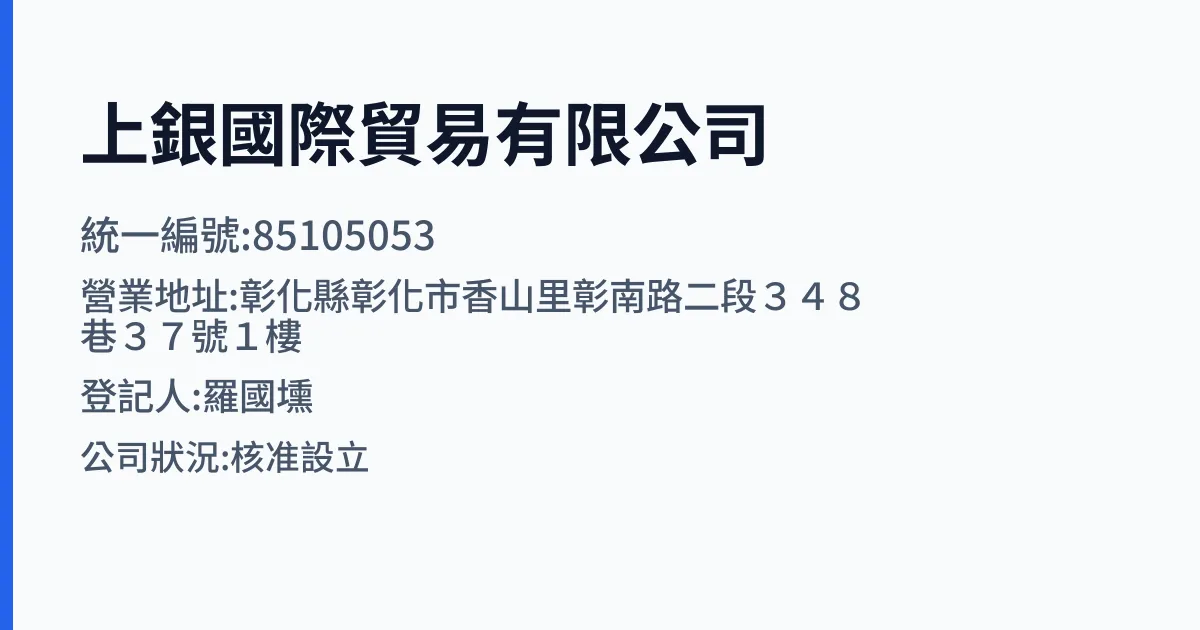 上銀國際貿易有限公司 - 統編 85105053(彰化縣) 公司登記資料與營業項目詳細圖表