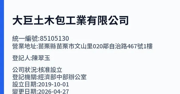 大巨土木包工業有限公司的照片-統編 85105130(苗栗縣) 公司登記資料與營業項目詳細圖表