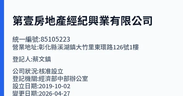 第壹房地產經紀興業有限公司的照片-統編 85105223(彰化縣) 公司登記資料與營業項目詳細圖表