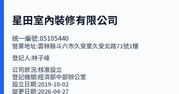 星田室內裝修有限公司的照片-統編 85105440(雲林縣) 公司登記資料與營業項目詳細圖表