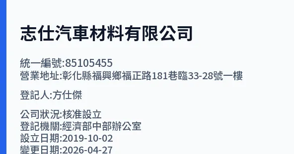 志仕汽車材料有限公司的照片-統編 85105455(彰化縣) 公司登記資料與營業項目詳細圖表