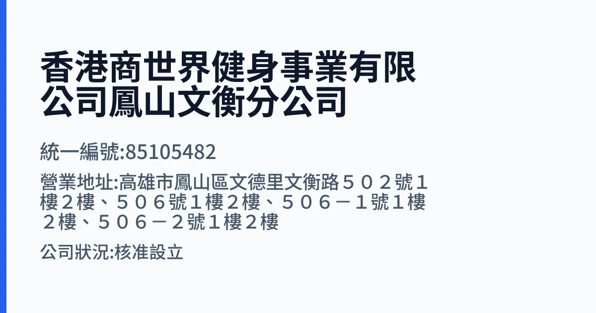 香港商世界健身事業有限公司鳳山文衡分公司 - 統編 85105482(高雄市) 公司登記資料與營業項目詳細圖表