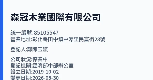 森冠木業國際有限公司的照片-統編 85105547(彰化縣) 公司登記資料與營業項目詳細圖表