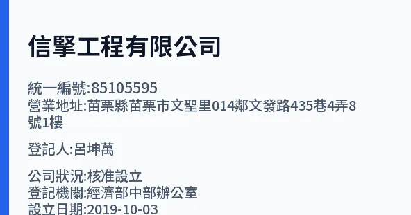 信掔工程有限公司的照片-統編 85105595(苗栗縣) 公司登記資料與營業項目詳細圖表