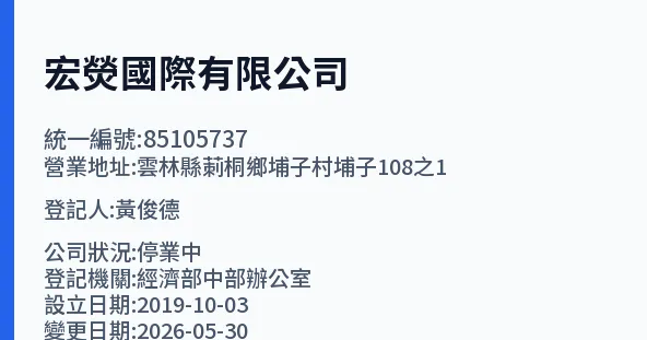 宏熒國際有限公司的照片-統編 85105737(雲林縣) 公司登記資料與營業項目詳細圖表