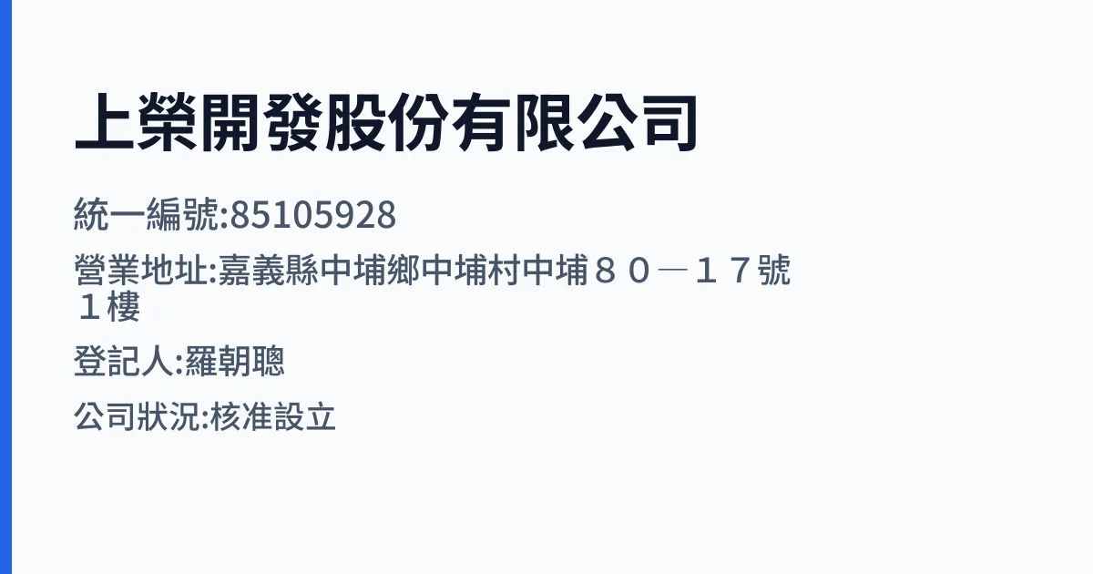 上榮開發股份有限公司 - 統編 85105928(嘉義縣) 公司登記資料與營業項目詳細圖表