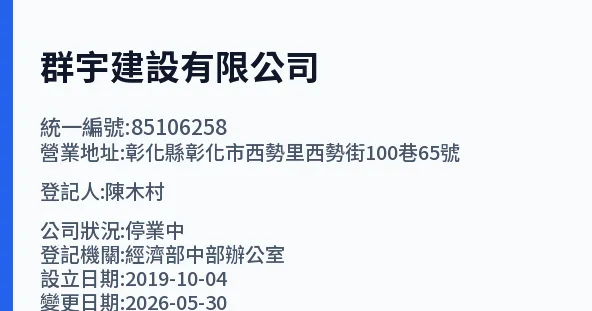 群宇建設有限公司的照片-統編 85106258(彰化縣) 公司登記資料與營業項目詳細圖表