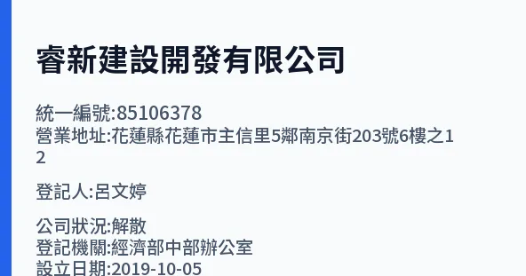 睿新建設開發有限公司的照片-統編 85106378(花蓮縣) 公司登記資料與營業項目詳細圖表