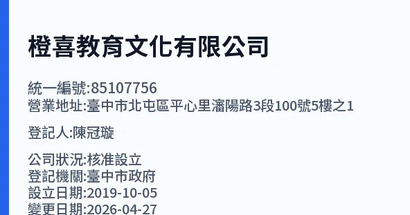 橙喜教育文化有限公司的照片-統編 85107756(臺中市) 公司登記資料與營業項目詳細圖表