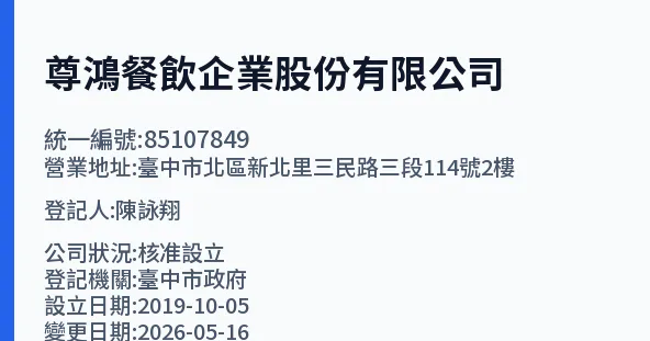 尊鴻餐飲企業股份有限公司的照片-統編 85107849(臺中市) 公司登記資料與營業項目詳細圖表