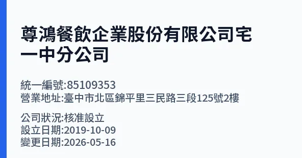 尊鴻餐飲企業股份有限公司宅一中分公司的照片-統編 85109353(臺中市) 公司登記資料與營業項目詳細圖表