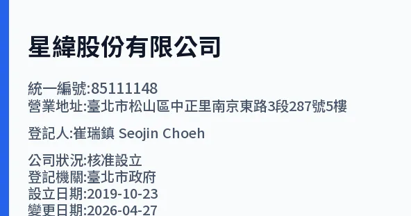 星緯股份有限公司的照片-統編 85111148(臺北市) 公司登記資料與營業項目詳細圖表