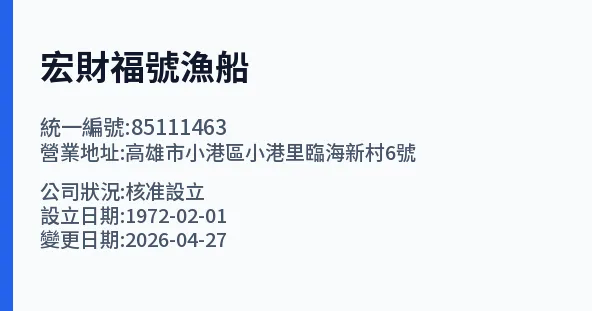 宏財福號漁船的照片-統編 85111463(高雄市) 公司登記資料與營業項目詳細圖表