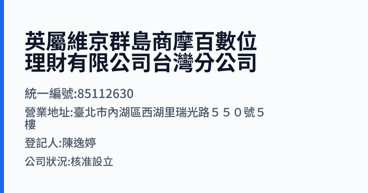 英屬維京群島商摩百數位理財有限公司台灣分公司 - 統編 85112630(臺北市) 公司登記資料與營業項目詳細圖表