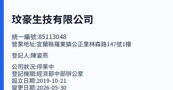 玟豪生技有限公司的照片-統編 85113048(宜蘭縣) 公司登記資料與營業項目詳細圖表