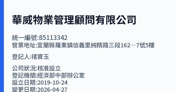 華威物業管理顧問有限公司的照片-統編 85113342(宜蘭縣) 公司登記資料與營業項目詳細圖表